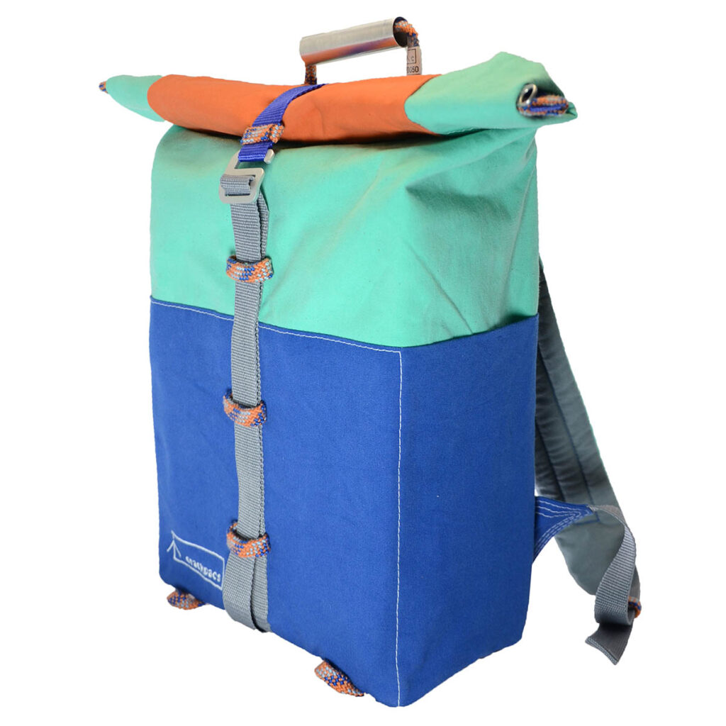 recycled backpack - created from reclaimed tents and old climbing rope
